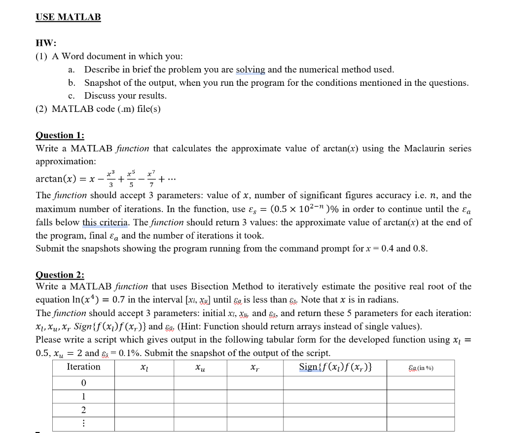 Solved USE MATLAB a. HW: (1) A Word document in which you: | Chegg.com