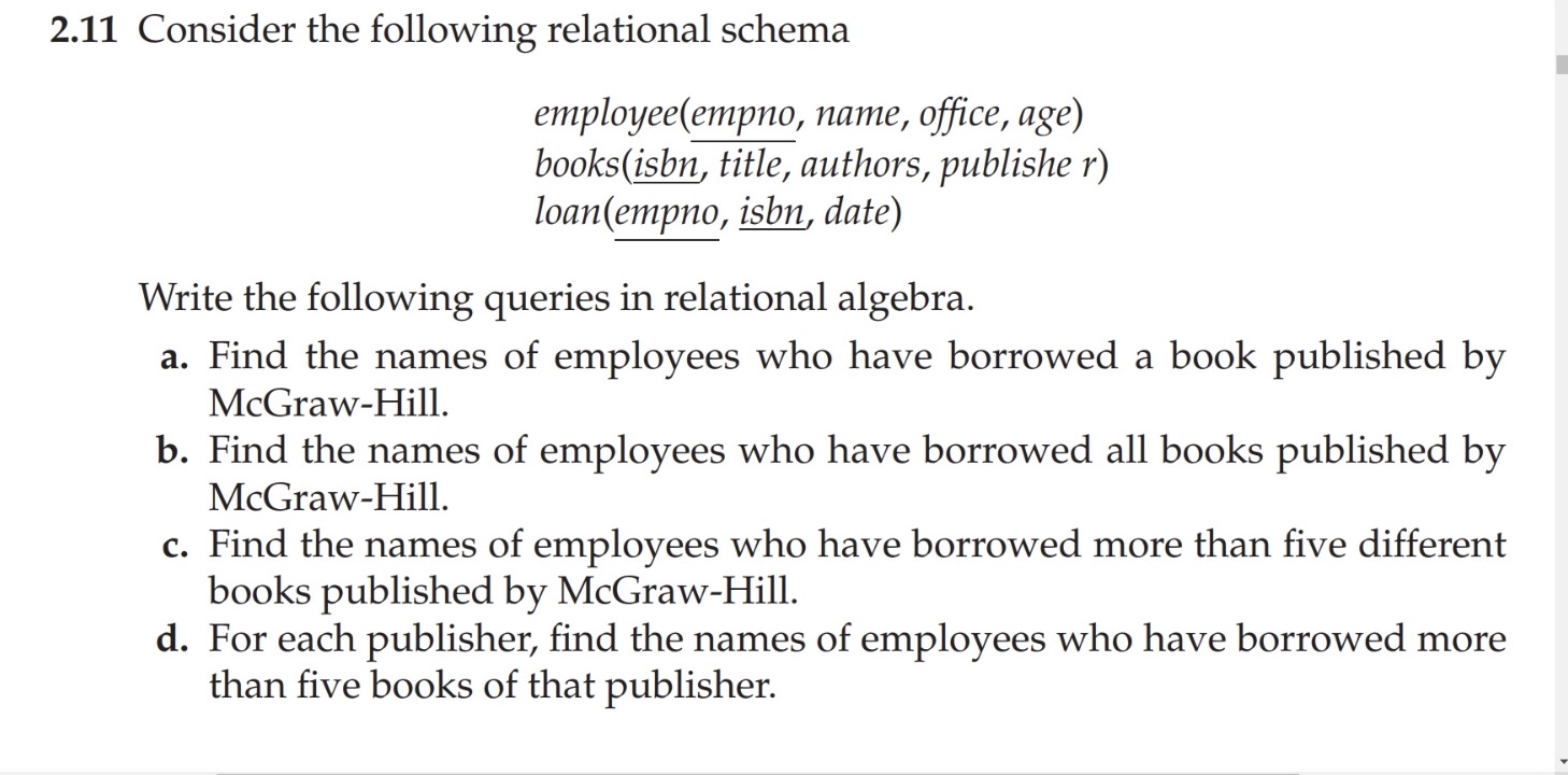 Solved 2.11 Consider the following relational schema | Chegg.com Solved 2.11 Consider the following relational schema | Chegg.com