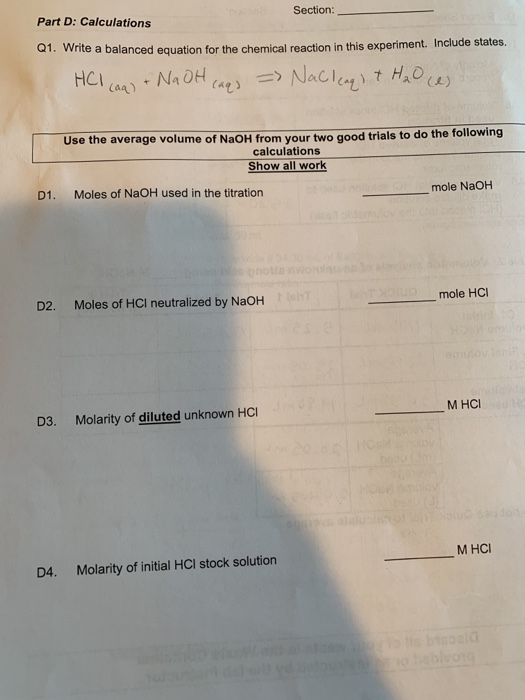 Solved Section Titration Lab Report Sheet Table 1: Acid Base | Chegg.com