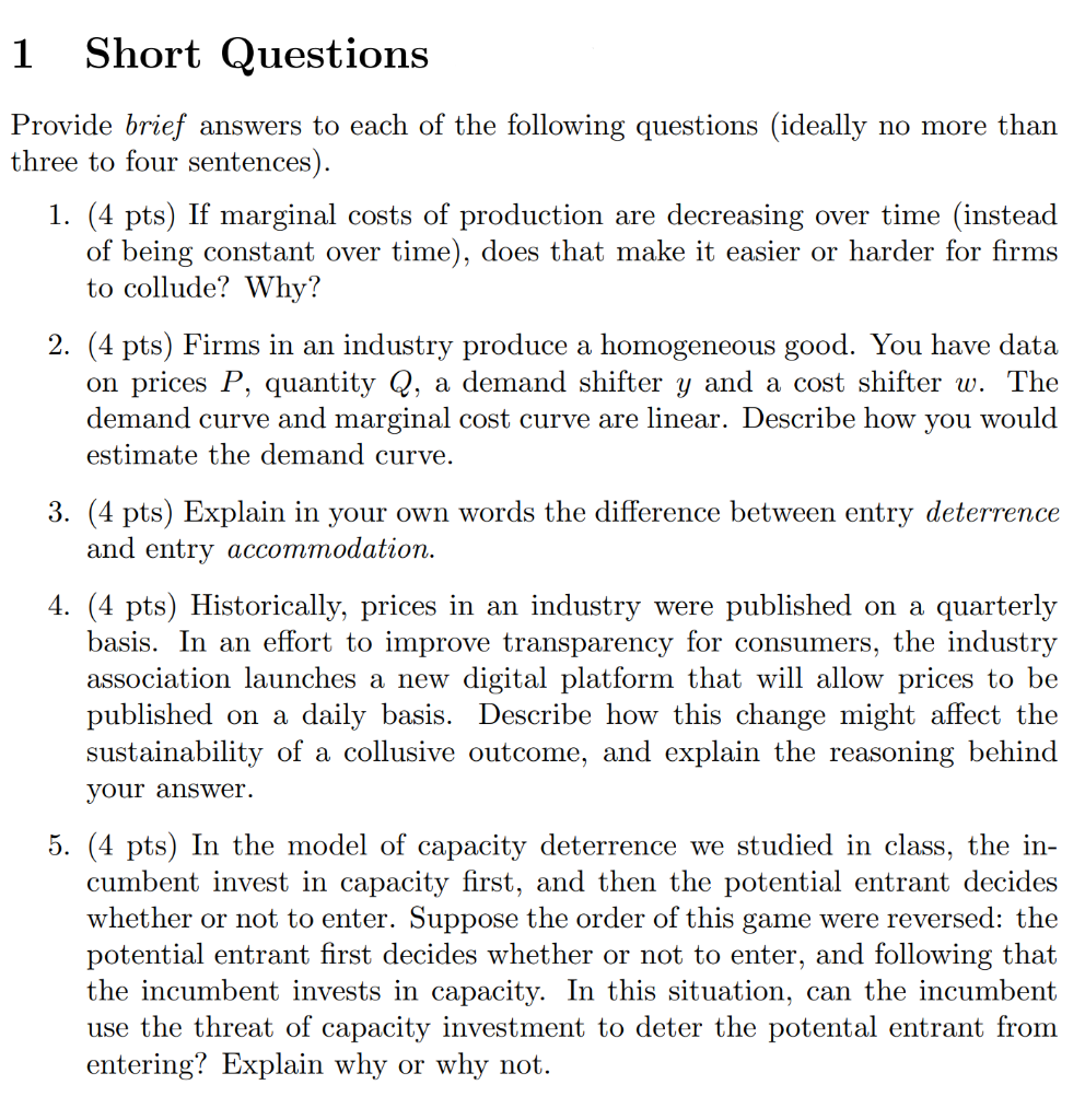 Solved 1 Short Questions Provide brief answers to each of | Chegg.com