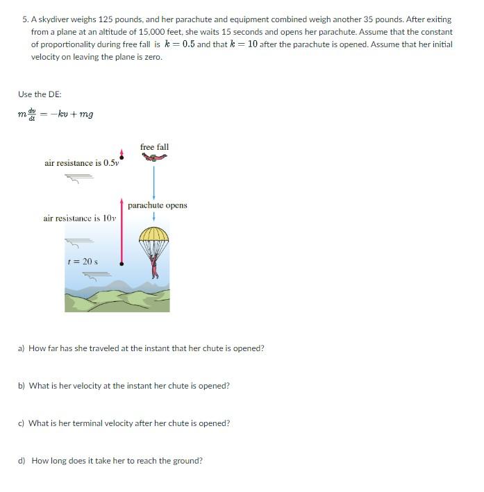 Solved 5. A skydiver weighs 125 pounds, and her parachute | Chegg.com