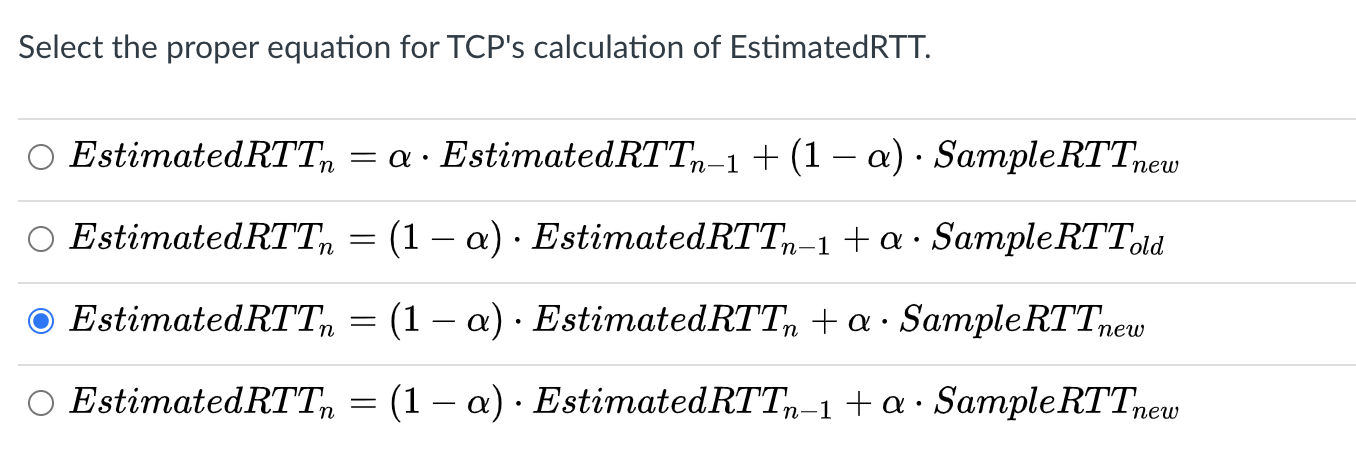 Solved Select the proper equation for TCP's calculation of | Chegg.com