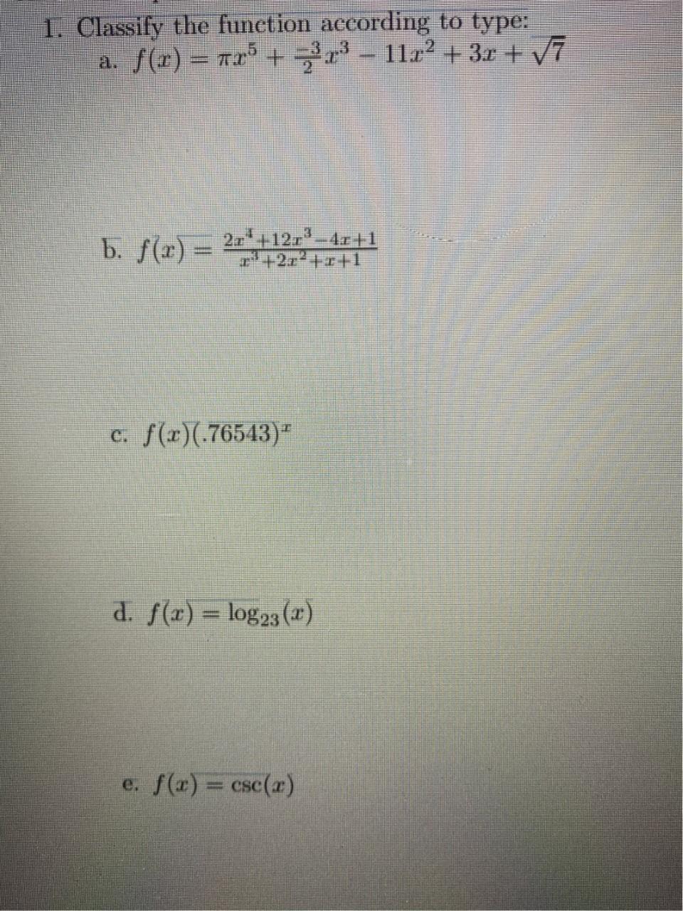 Solved I. Classify the function according to type: a. (r) = | Chegg.com