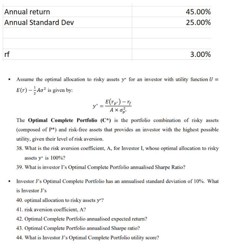Solved - Assume the optimal allocation to risky assets y∗ | Chegg.com