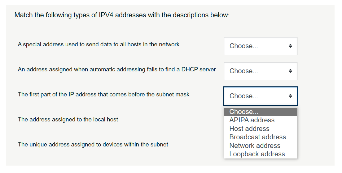 Solved Match the following types of IPV4 addresses with the | Chegg.com
