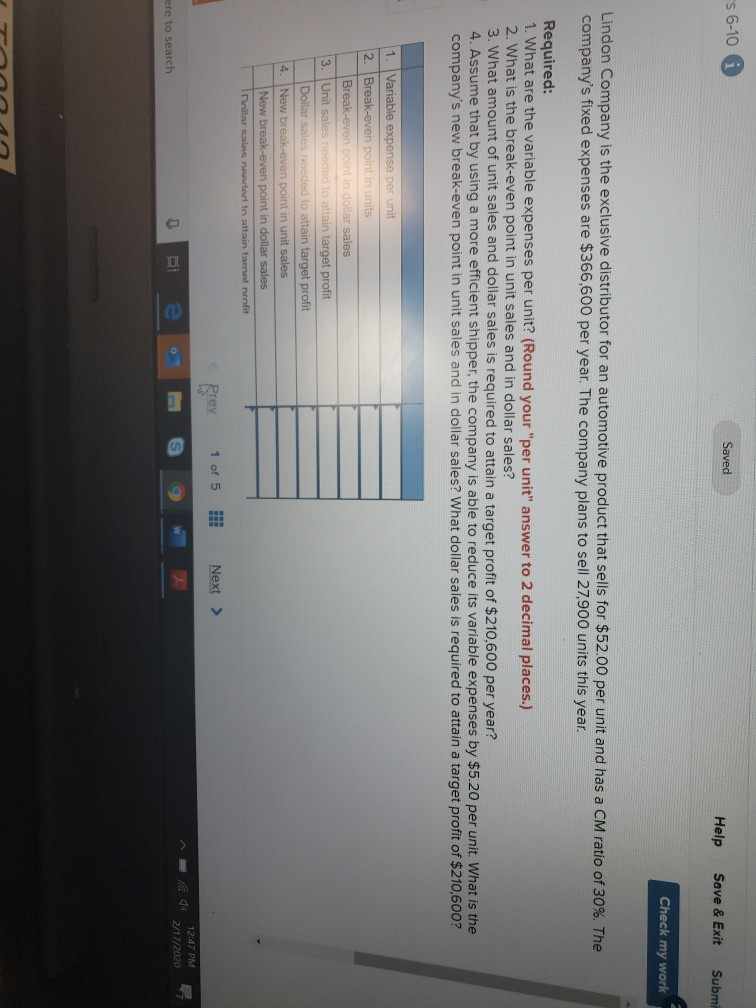 Solved s 6-10 Saved Help Save & Exit Submi Check my work | Chegg.com