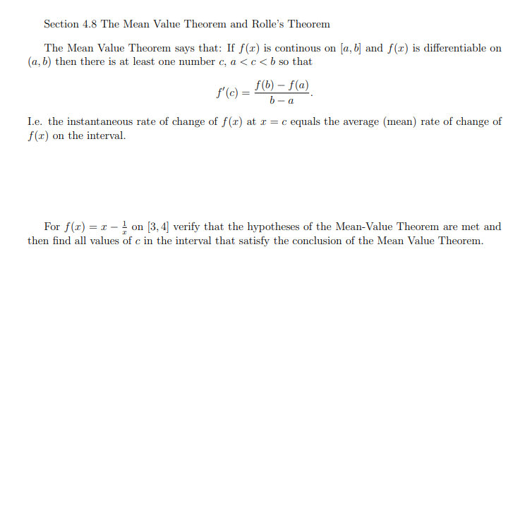 Solved Section 4.8 The Mean Value Theorem and Rolle's | Chegg.com