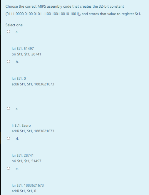 Solved Choose the correct MIPS assembly code that creates | Chegg.com