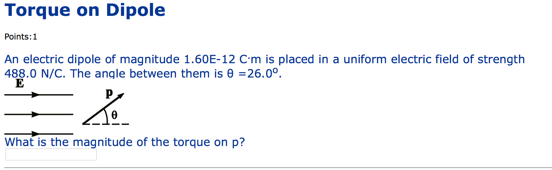 Solved Torque on Dipole Points: 1 An electric dipole of | Chegg.com