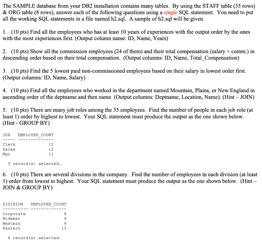 Solved The SAMPLE database from your DB2 installation | Chegg.com