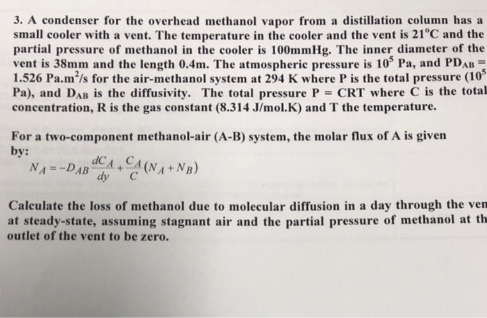 Solved 3. A condenser for the overhead methanol vapor from a | Chegg.com