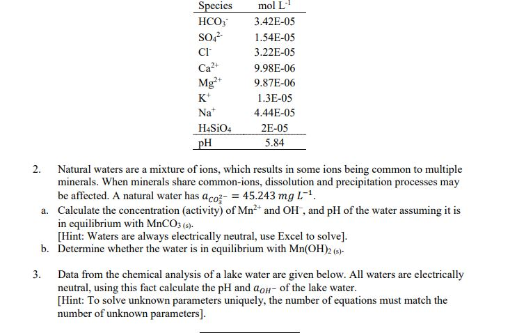 Species HCO3 SO42- Cl Ca2+ Mg2+ K+ Nat H4S104 pH mol | Chegg.com