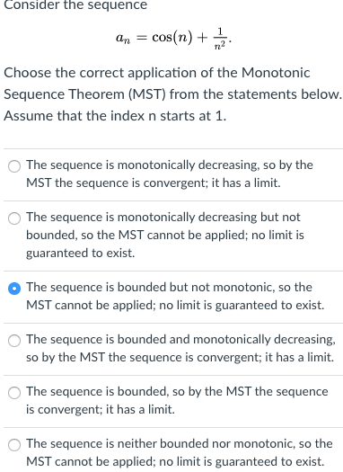 Solved Consider the sequence an = cos(n) + Choose the | Chegg.com