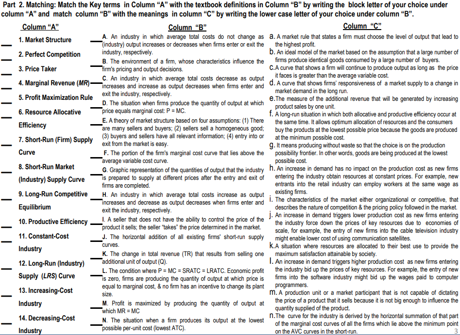 Solved Part 2. Matching: Match the Key terms in Column "A" | Chegg.com
