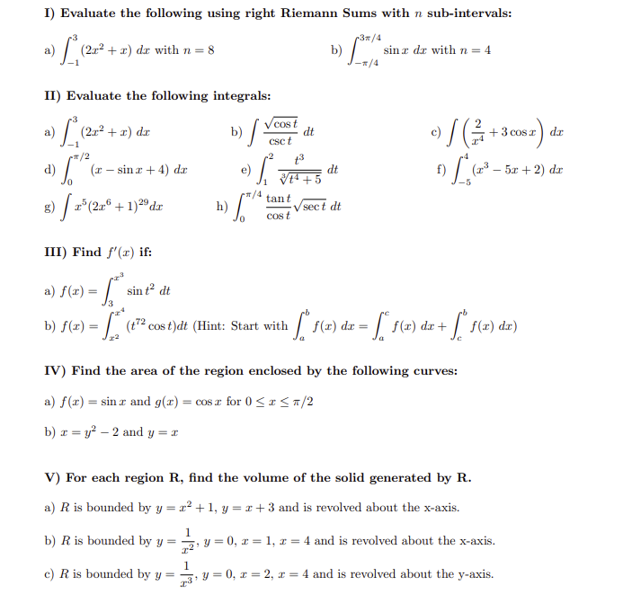 Solved I) Evaluate the following using right Riemann Sums | Chegg.com