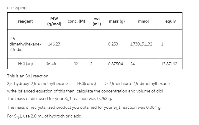 Solved use typing reagent MW (g/mol) conc. (M) vol (mL) mass | Chegg.com