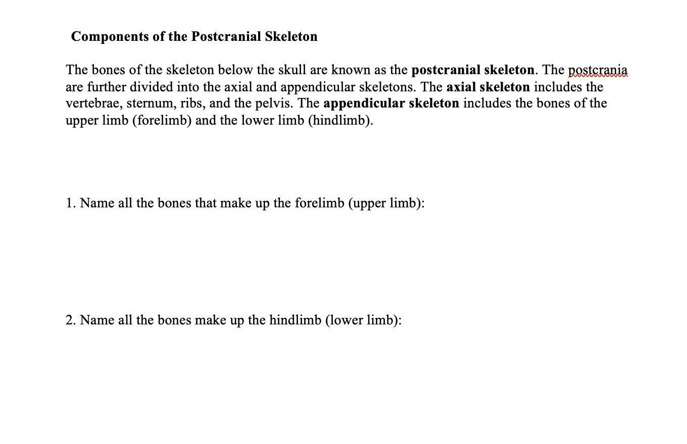 Solved Components of the Postcranial Skeleton The bones of | Chegg.com