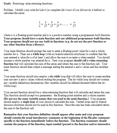 Solved Goals Practicing Value Returning Functions Problem