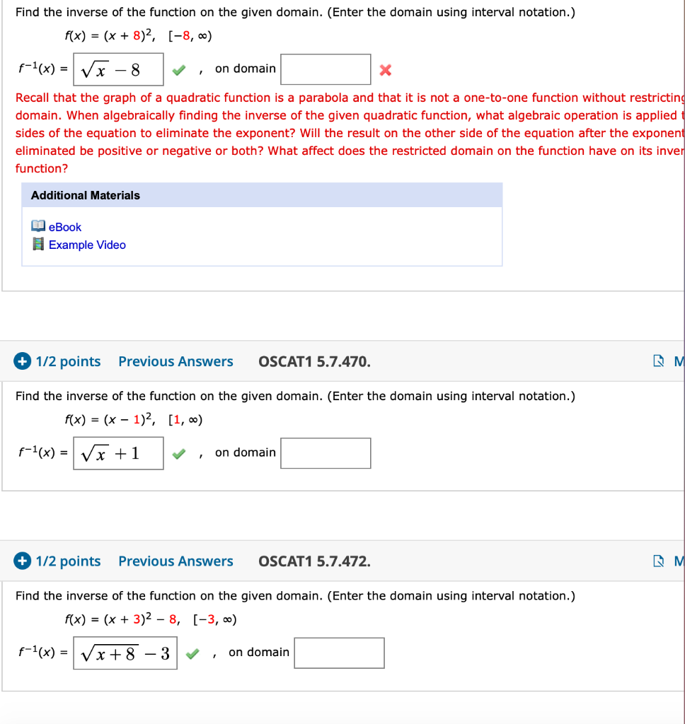 Solved Find The Inverse Of The Function On The Given Domain