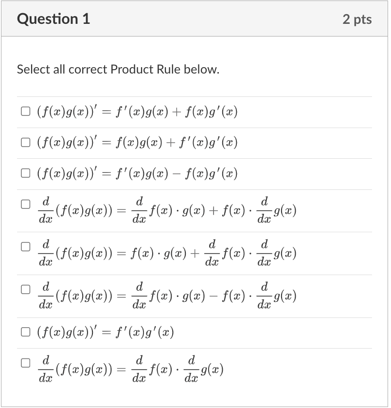 Solved Select all correct Product Rule below. | Chegg.com