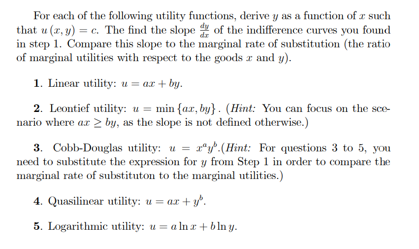 Solved For each of the following utility functions, derive y | Chegg.com