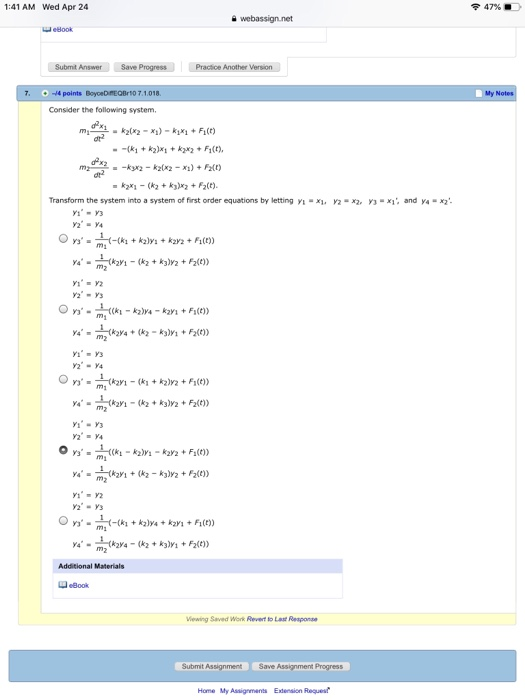 Solved Consider the following system.m1d2x1dt2 = k2(x2 − | Chegg.com