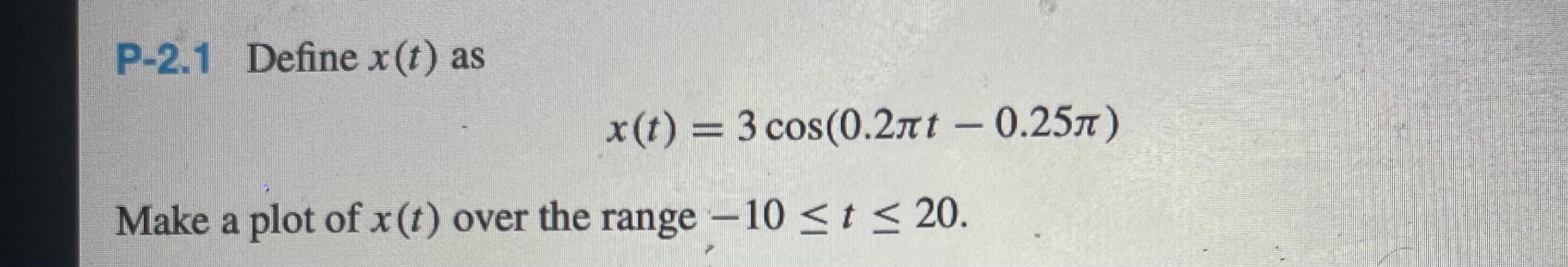 Solved P-2.1 Define x(t) as x(t) = 3 cos(0.2nt - 0.251) Make | Chegg.com