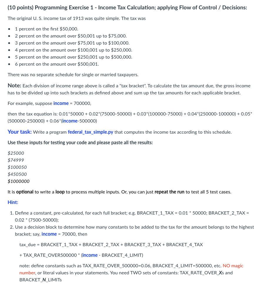 Solved (10 points) Programming Exercise 1 - Income Tax | Chegg.com
