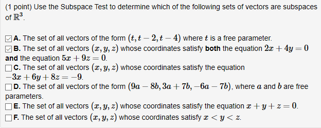 Solved (1 point) Use the Subspace Test to determine which of | Chegg.com