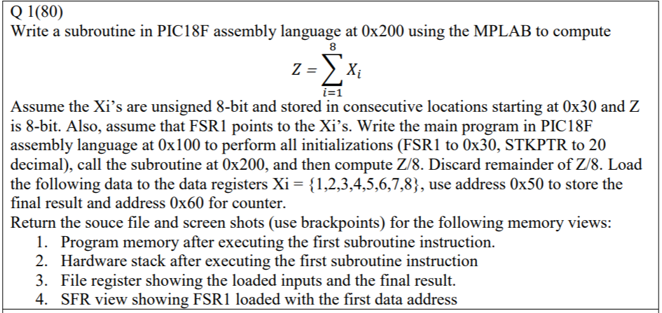 Q 1 80 Write A Subroutine In Pic18f Assembly