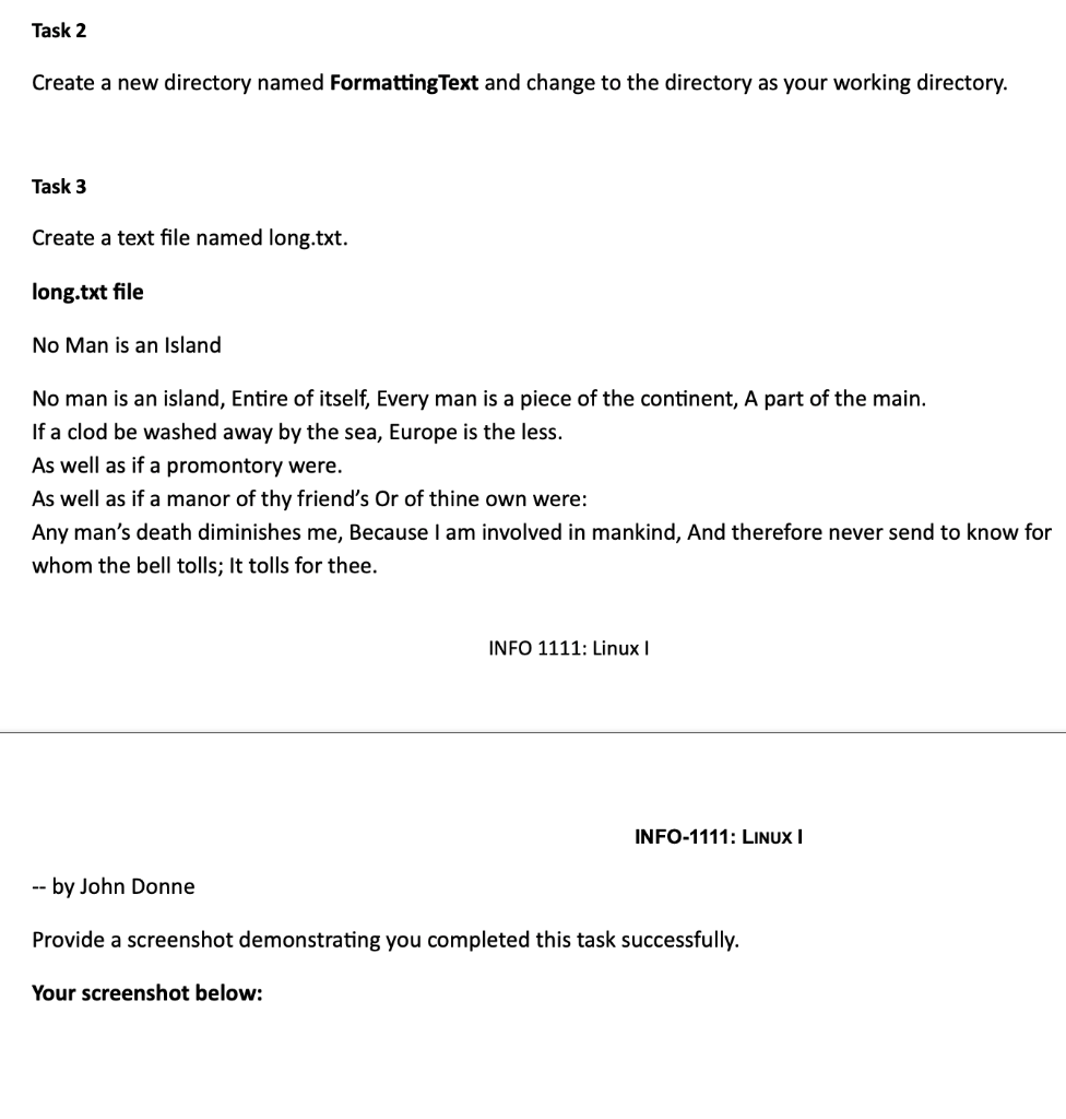 Solved Task 2 Create a new directory named FormattingText | Chegg.com