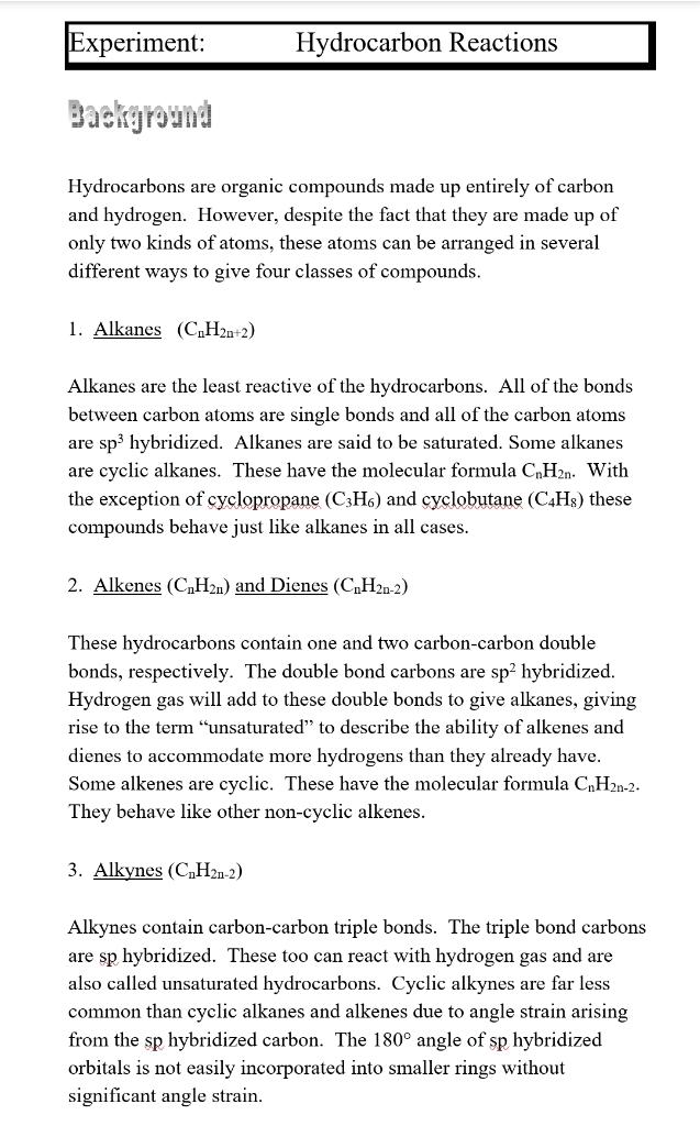 Solved Experiment: Hydrocarbon Reactions Background | Chegg.com