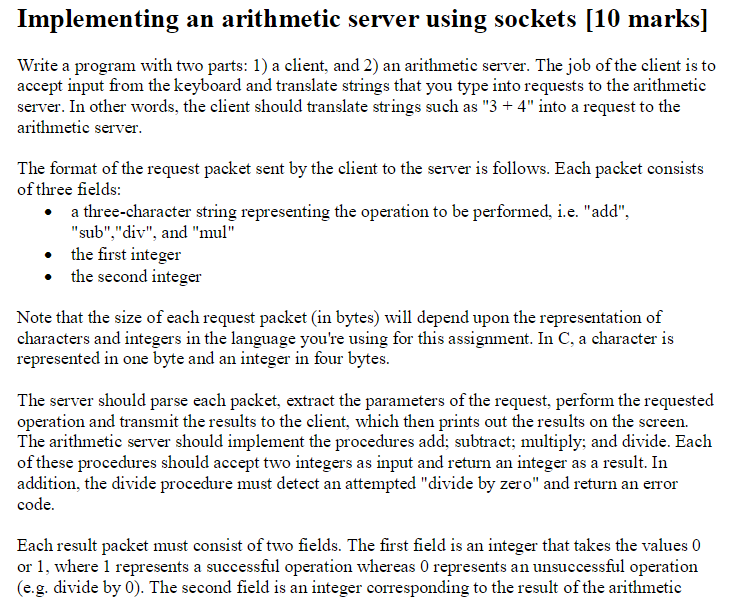 Implementing an arithmetic server using sockets [10 | Chegg.com