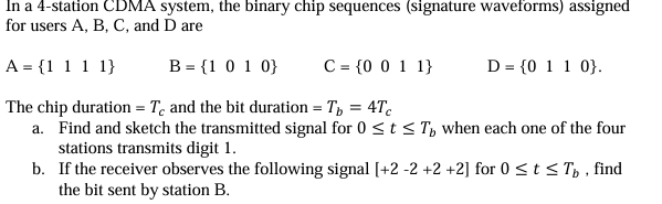 Solved In a 4-station CDMA system, the binary chip sequences | Chegg.com