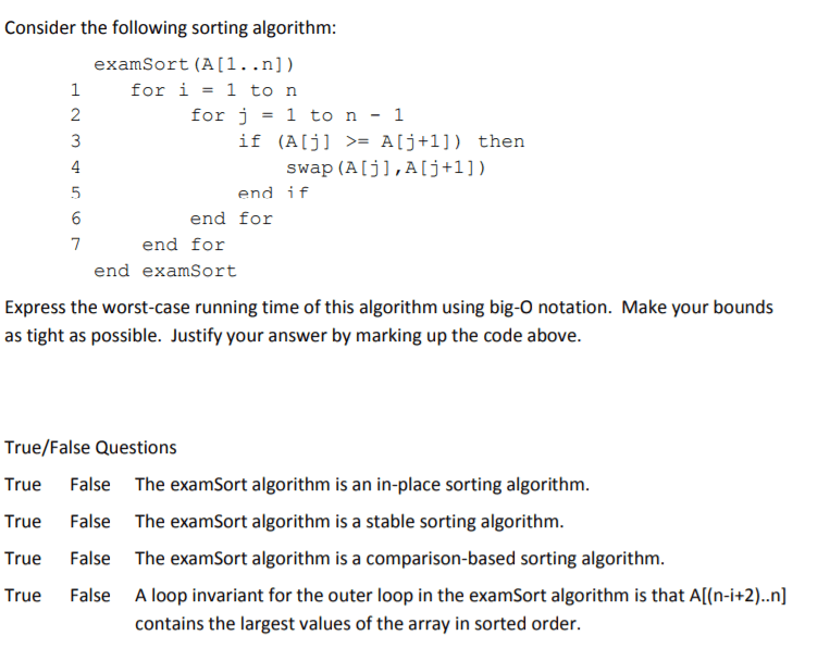 Solved Consider the following sorting algorithm: examSort | Chegg.com
