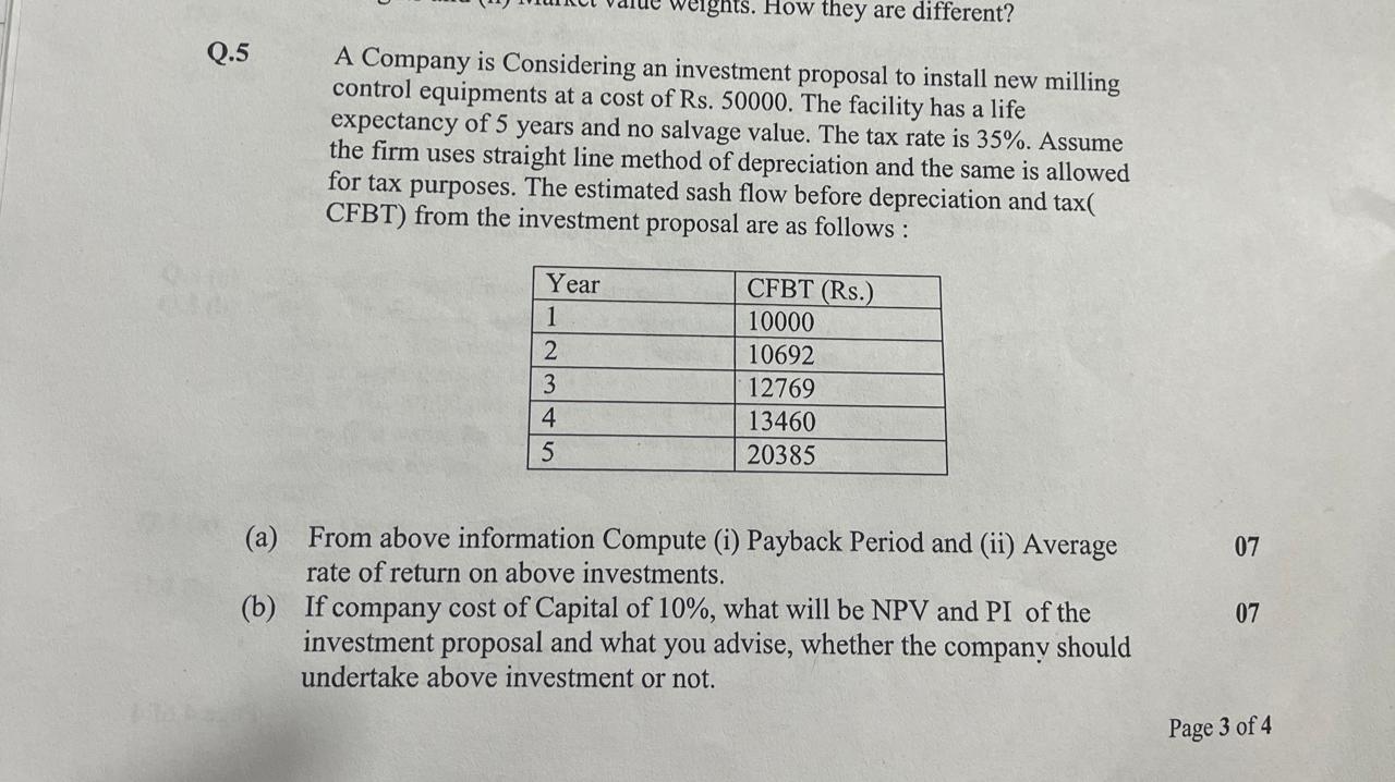 Solved Q. 5 ﻿A Company is Considering an investment proposal | Chegg.com