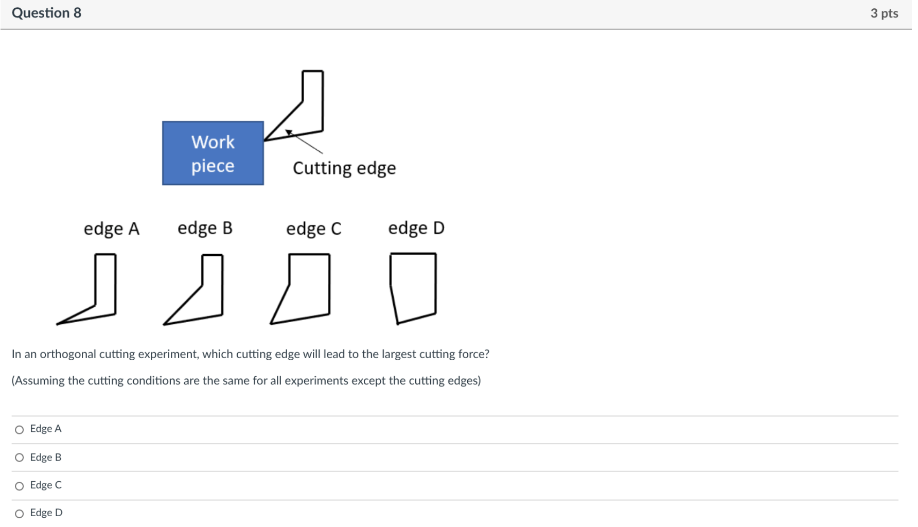 Solved Question 8 3 pts Work piece Cutting edge edge A edge | Chegg.com