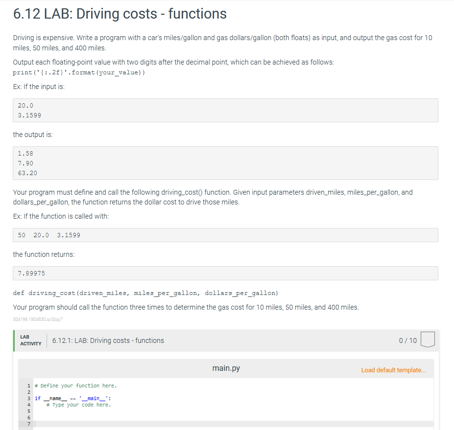 Solved 6.12 LAB: Driving costs - functions Driving is | Chegg.com