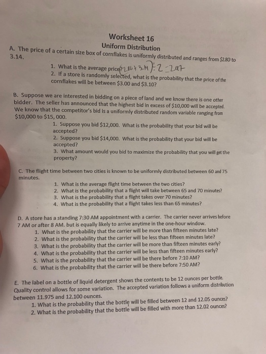 Solved Worksheet 16 Uniform Distribution A. The price of a | Chegg.com