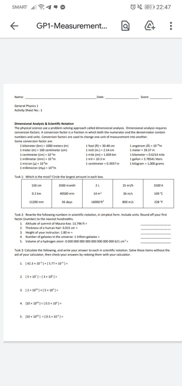 Solved Dimensional Analysis \& Scientific Notation The | Chegg.com