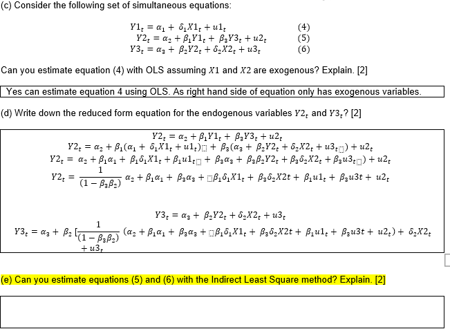 (c) Consider the following set of simultaneous | Chegg.com