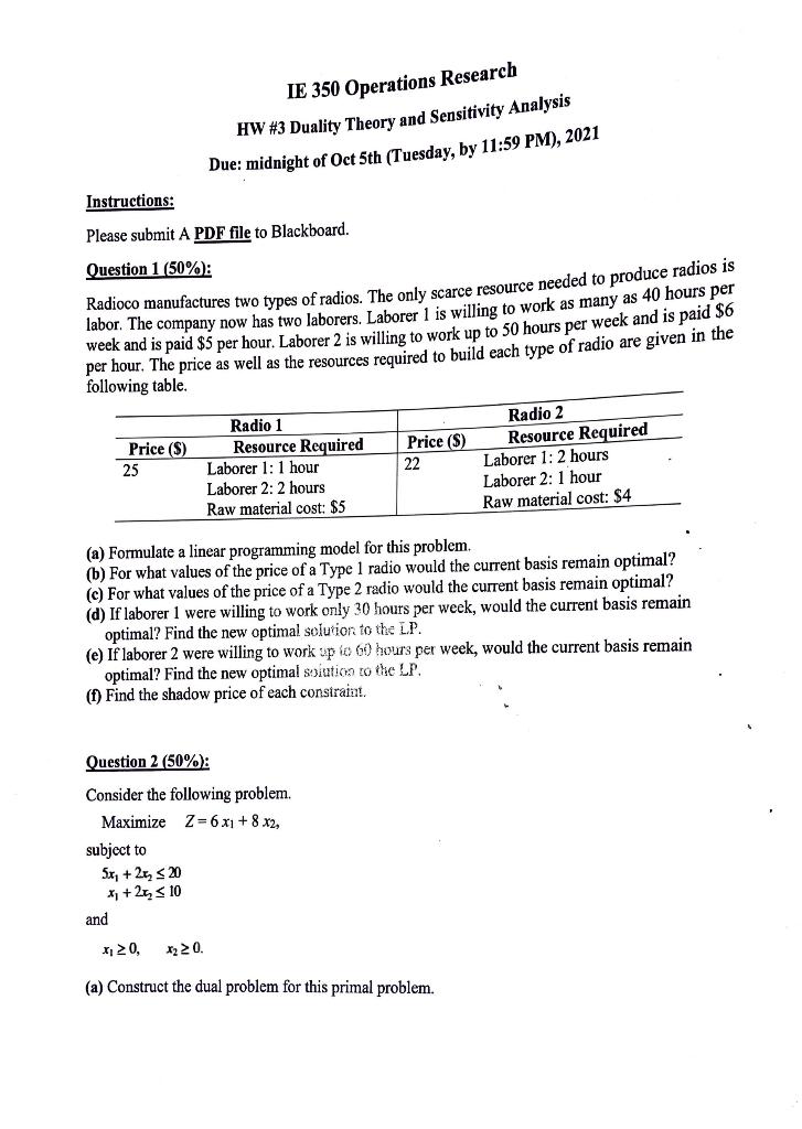 Solved IE 350 Operations Research HW #3 Duality Theory and | Chegg.com