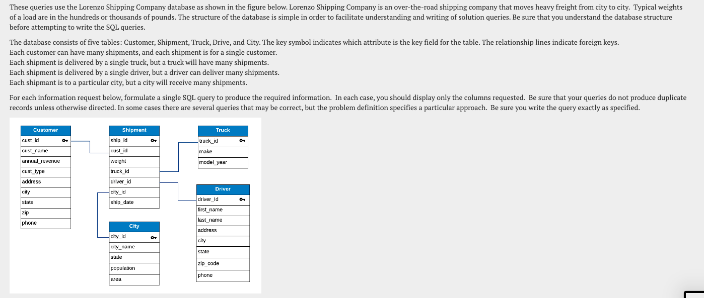 These queries use the Lorenzo Shipping Company | Chegg.com