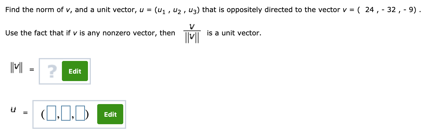 Solved Find the norm of v, and a unit vector, u = (41, 42, | Chegg.com
