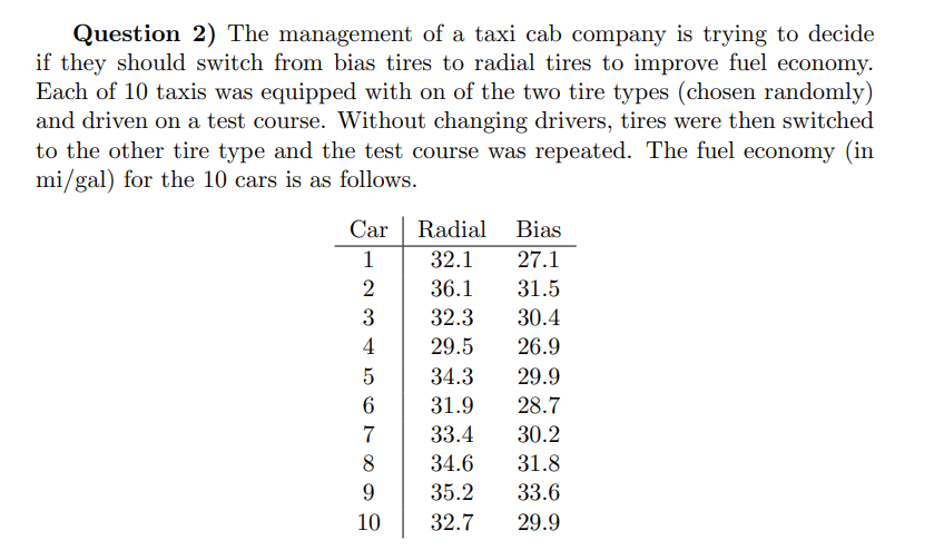 Solved Question 2) The management of a taxi cab company is | Chegg.com