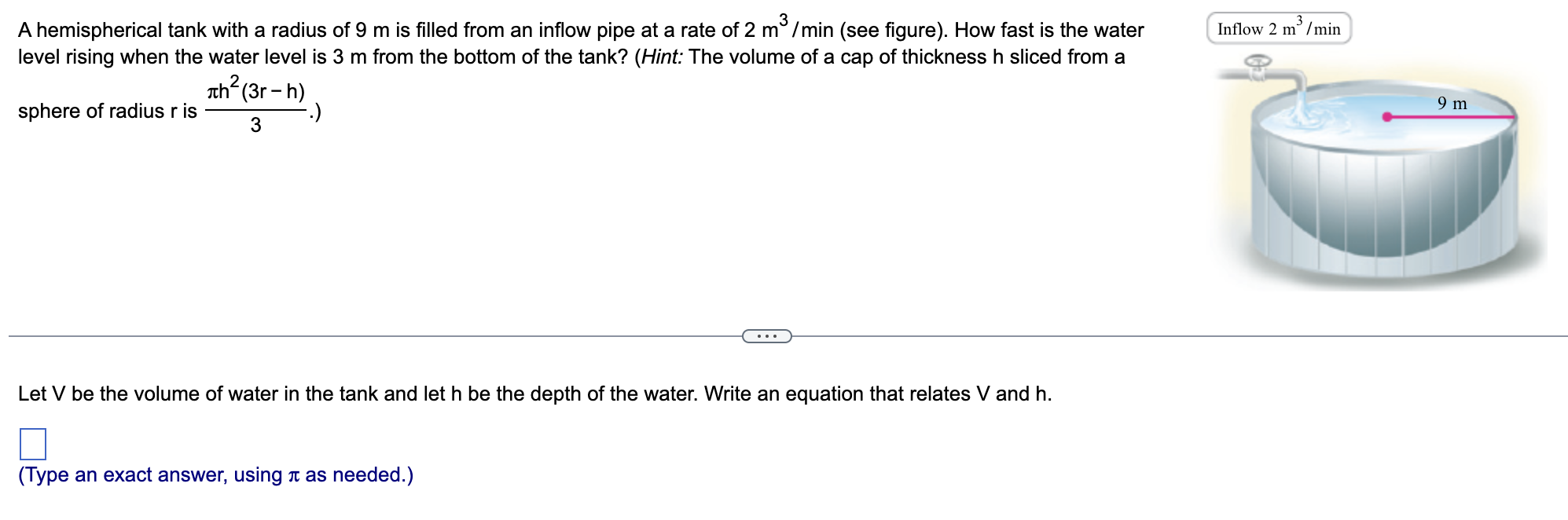Solved A hemispherical tank with a radius of 9 m is filled | Chegg.com