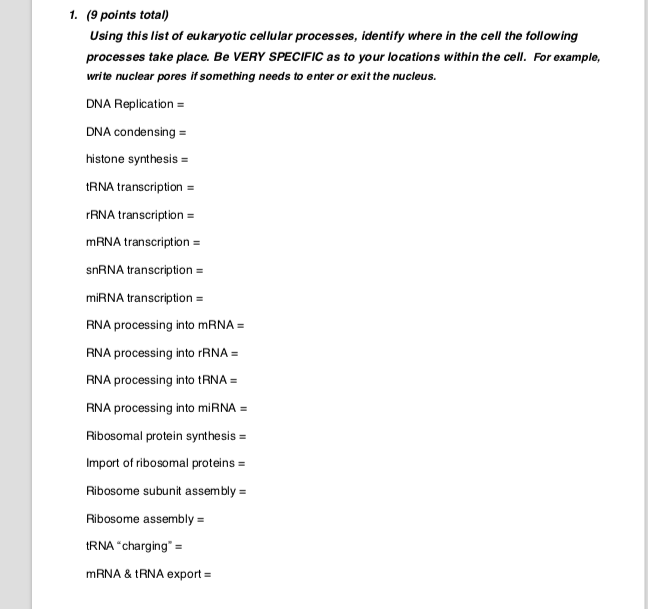 Solved 1. (9 points total) Using this list of eukaryotic | Chegg.com