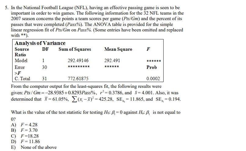 Solved 5. In the National Football League (NFL), having an | Chegg.com