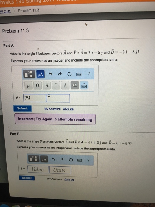 Solved What is the angle theta between vectors A vector and | Chegg.com