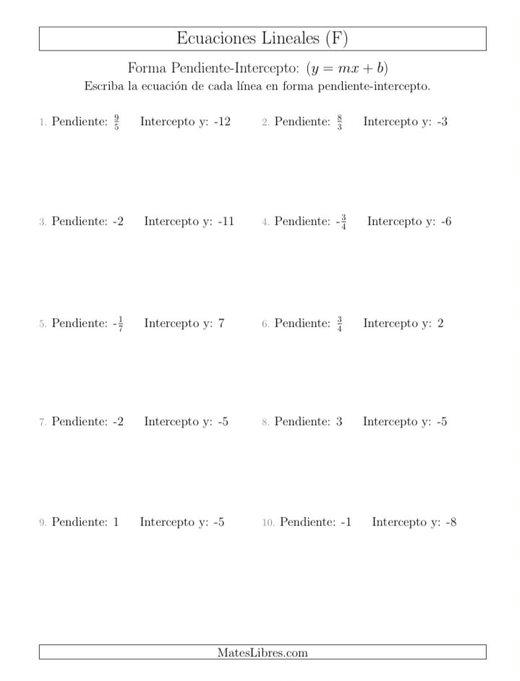Solved Ecuaciones Lineales (F) Forma Pendiente-Intercepto: | Chegg.com